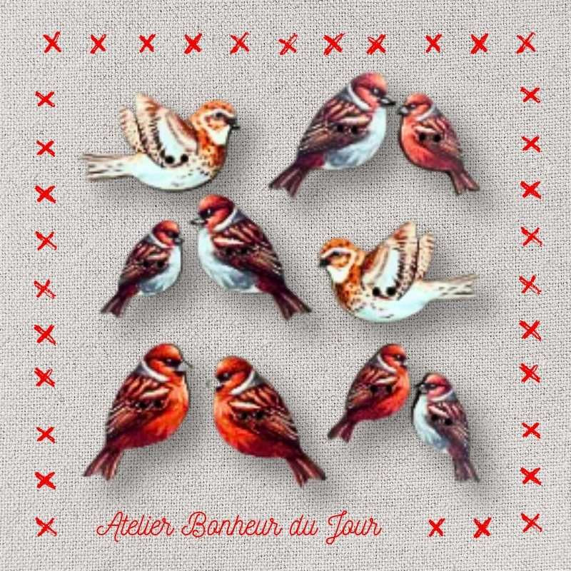 Wood buttons "Red birds" in pouch || ATELIER BONHEUR DU JOUR